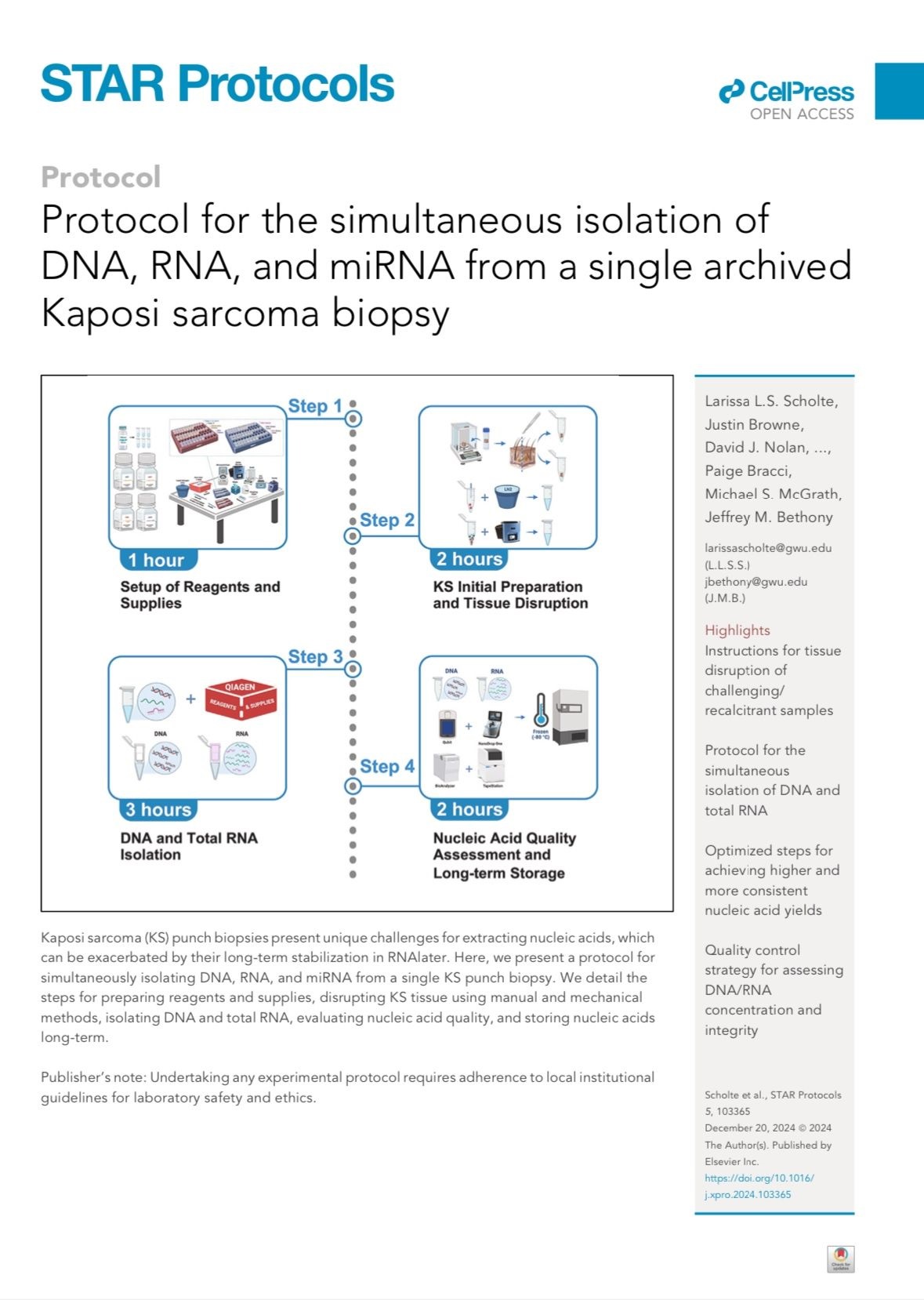 Protocol for the simultaneous isolation of DNA, RNA, and miRNA from a ...